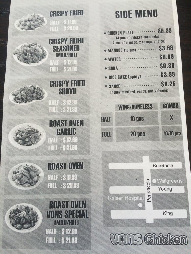 Menu at Vons Chicken restaurant, Honolulu, Pensacola St