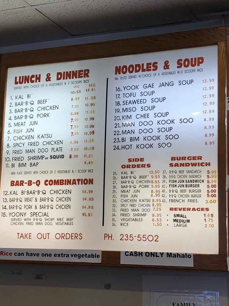 Menu at Yoonyson Korean BBQ, Kaneohe