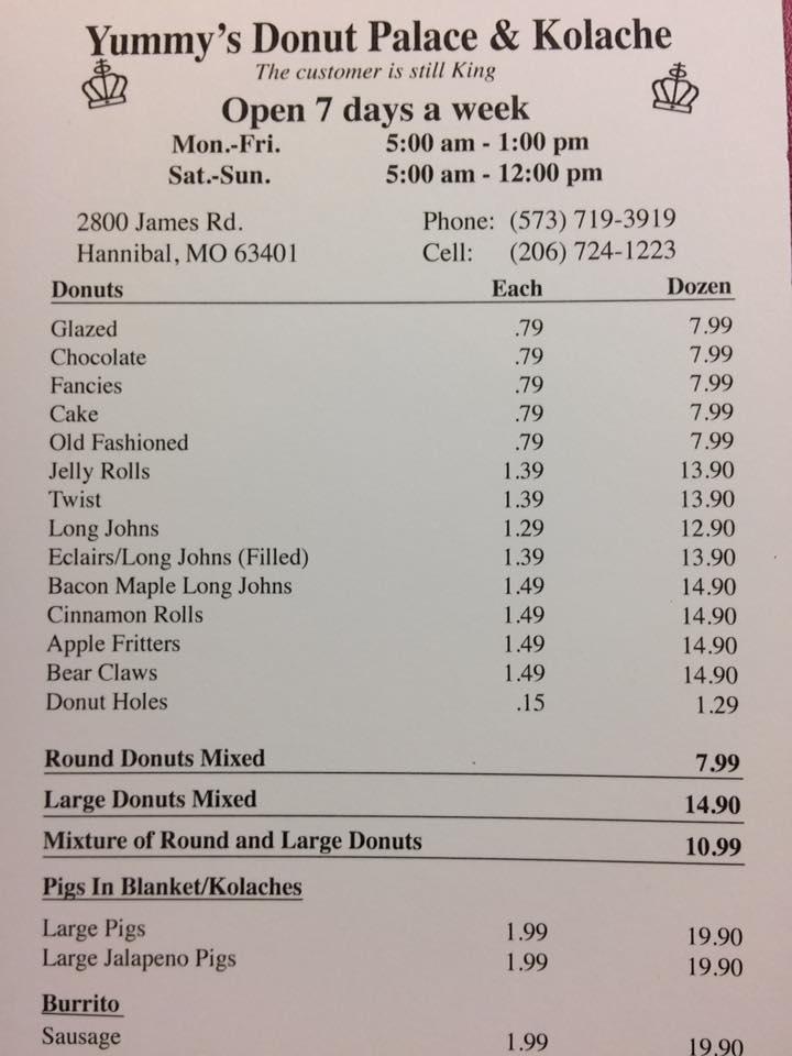 Menu at Yummy's Donut Palace cafe, Hannibal