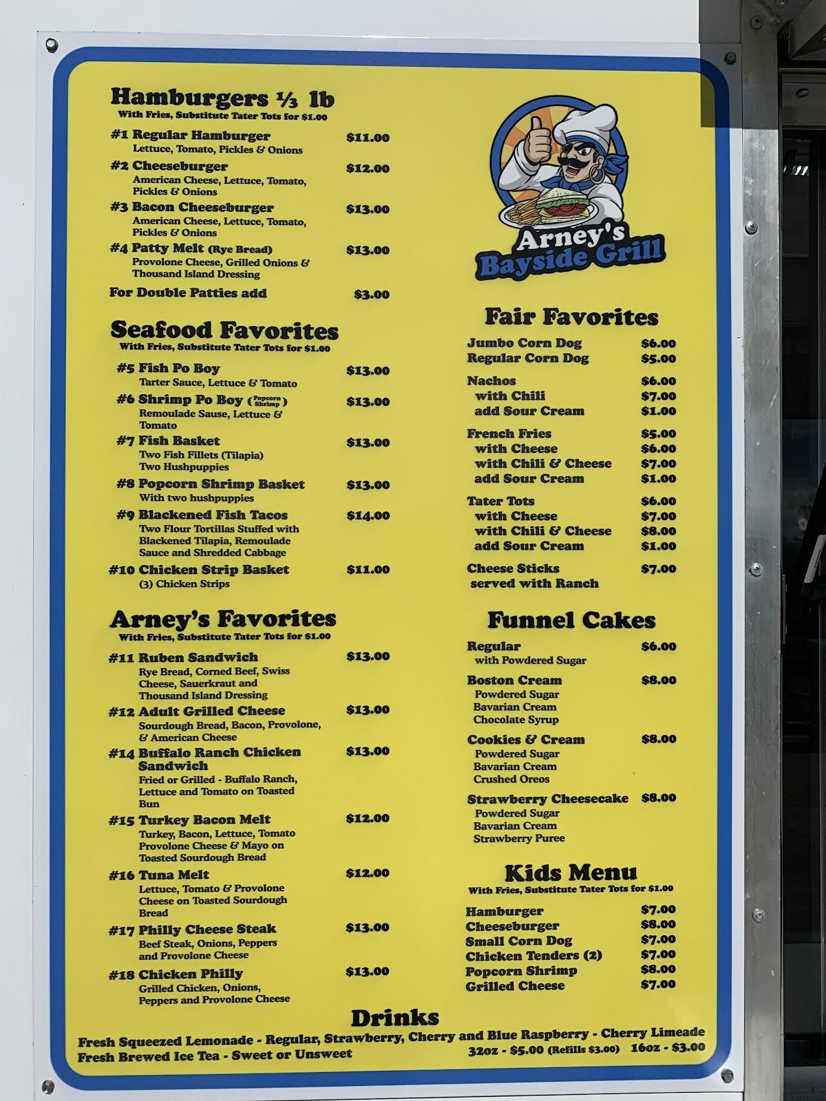 Menu at Arney’s Bayside Grill restaurant, Galveston