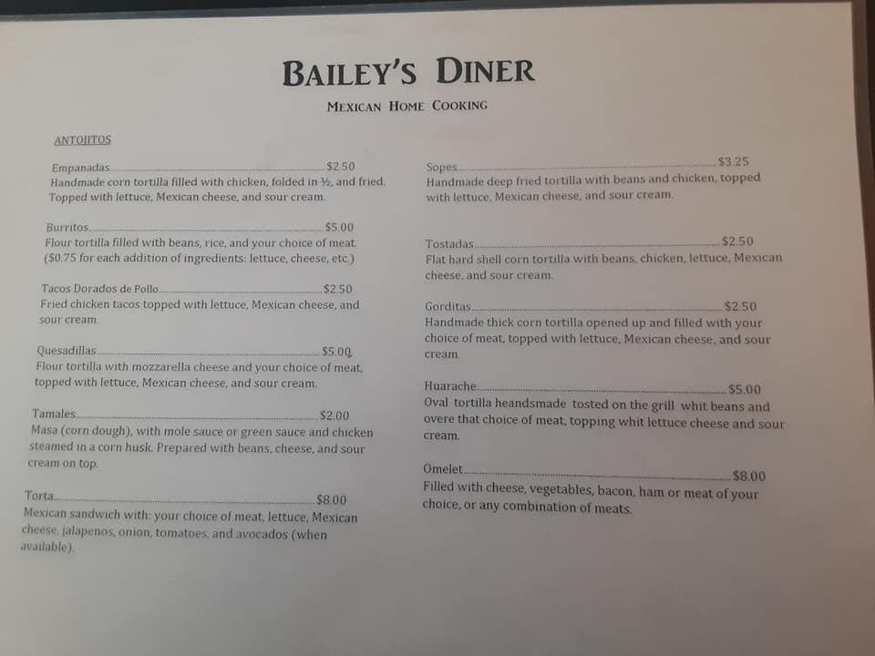 Menu at Bailey's Diner restaurant, Norwalk