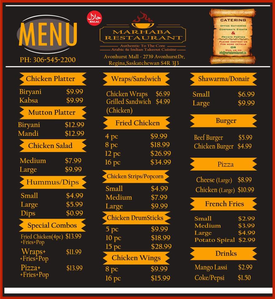 Menu at Marhaba Restaurant, Regina