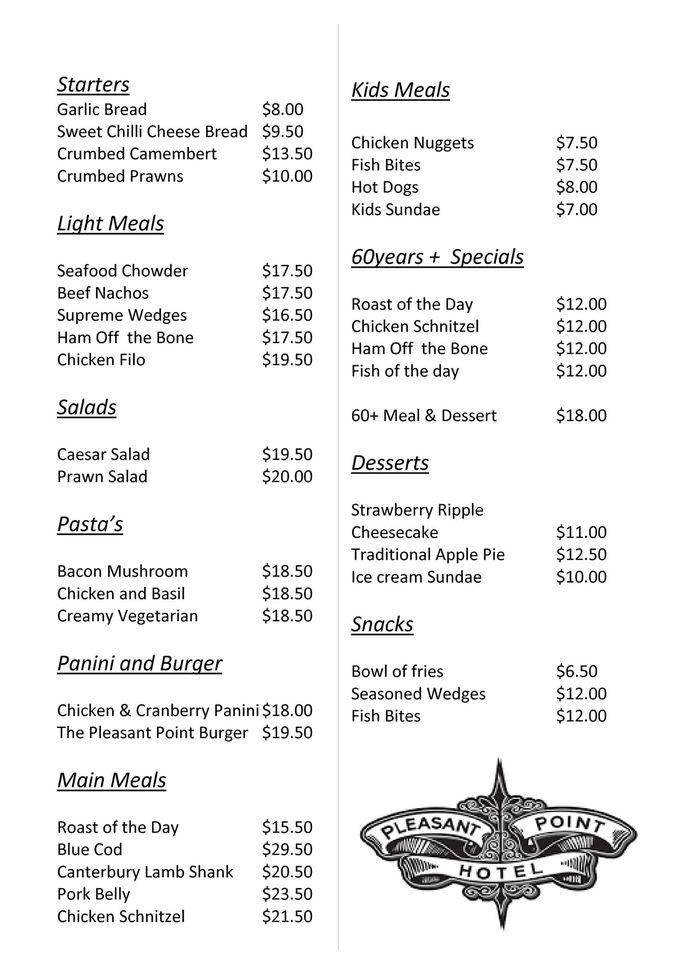Menu at Pleasant Point Hotel pub & bar, Pleasant Point