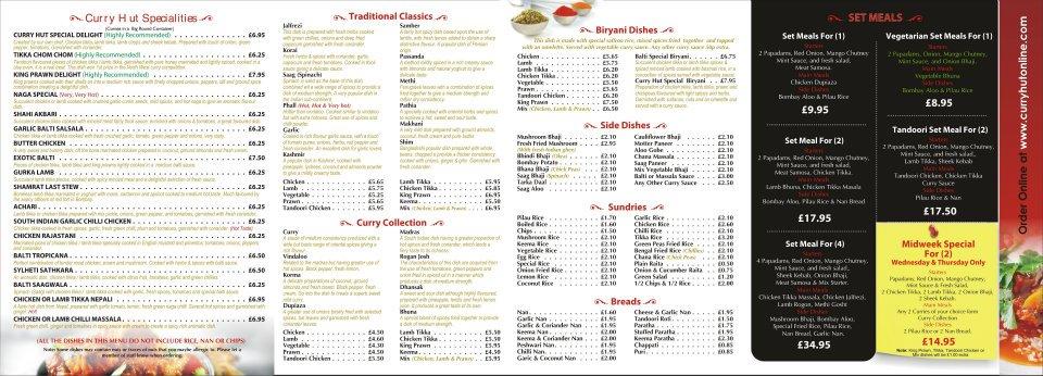 Menu at Curry Hut restaurant, Astley