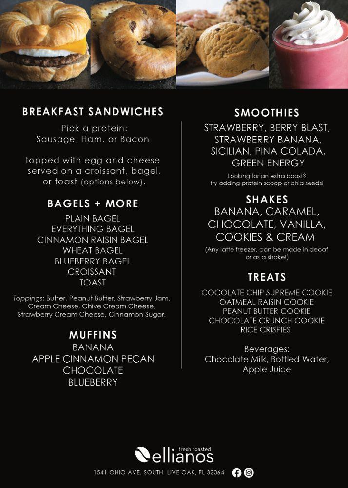 Menu at Ellianos Coffee Live Oak, Live Oak