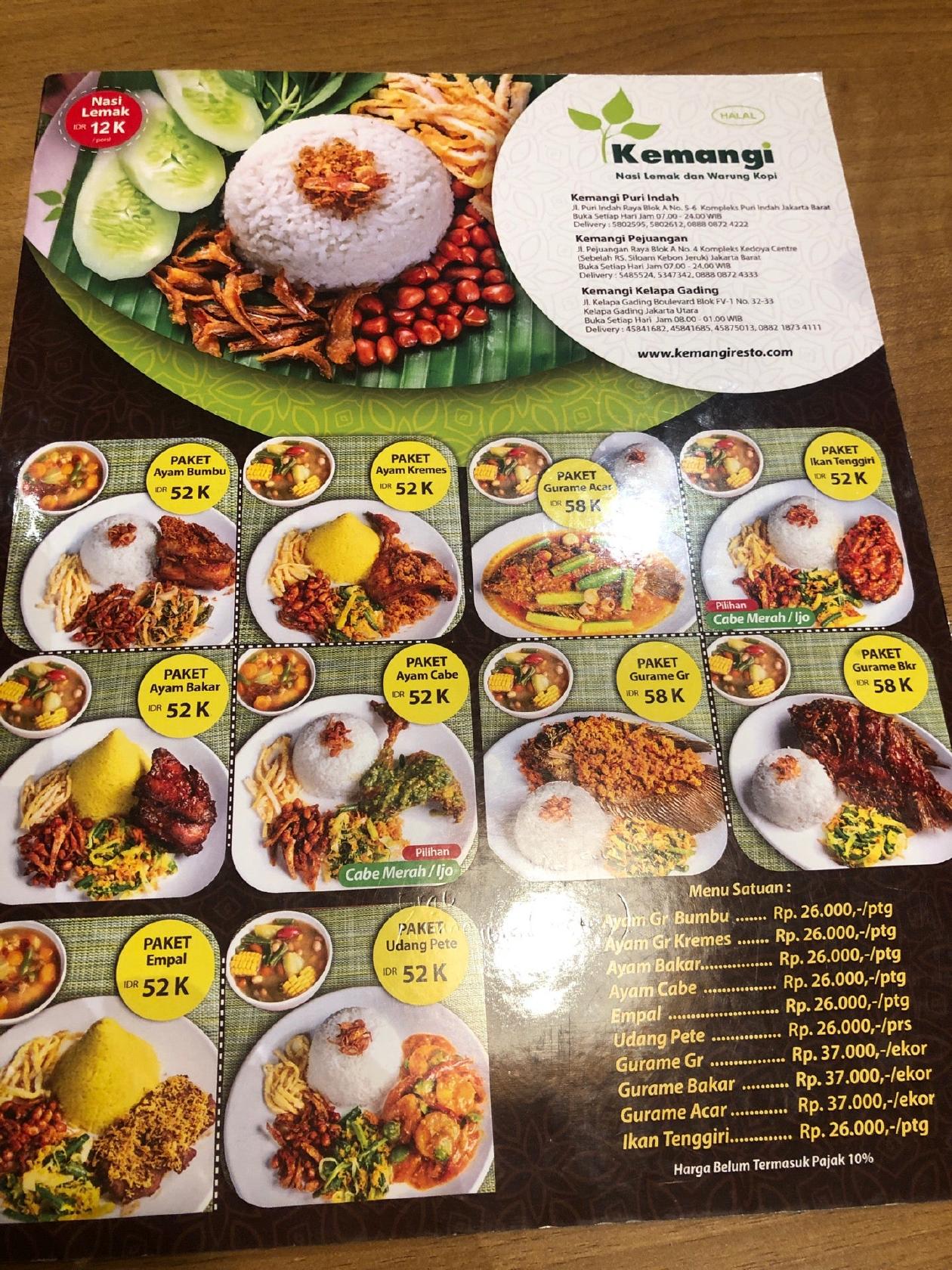 Menu at Kemangi restaurant, West Jakarta, Jl. Puri Indah Raya No.6