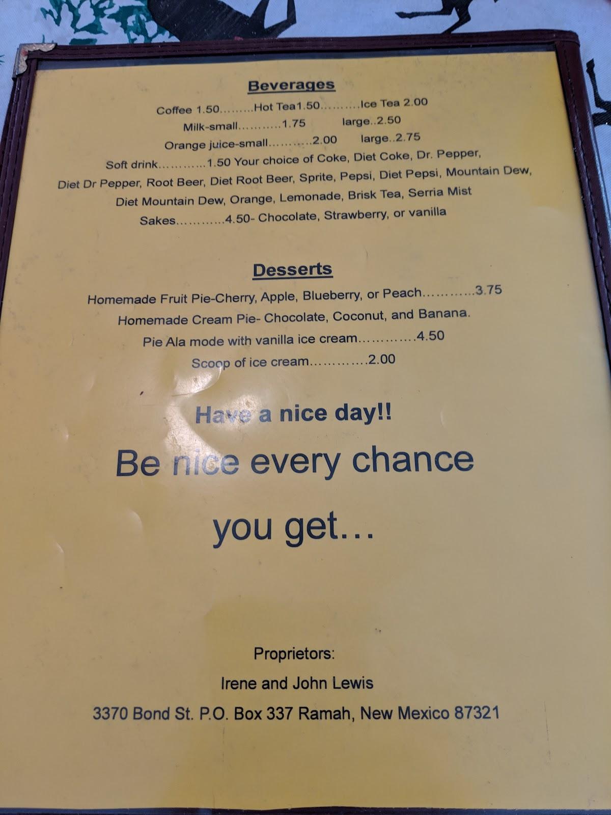 Menu at Stagecoach Cafe, Ramah, Bond St