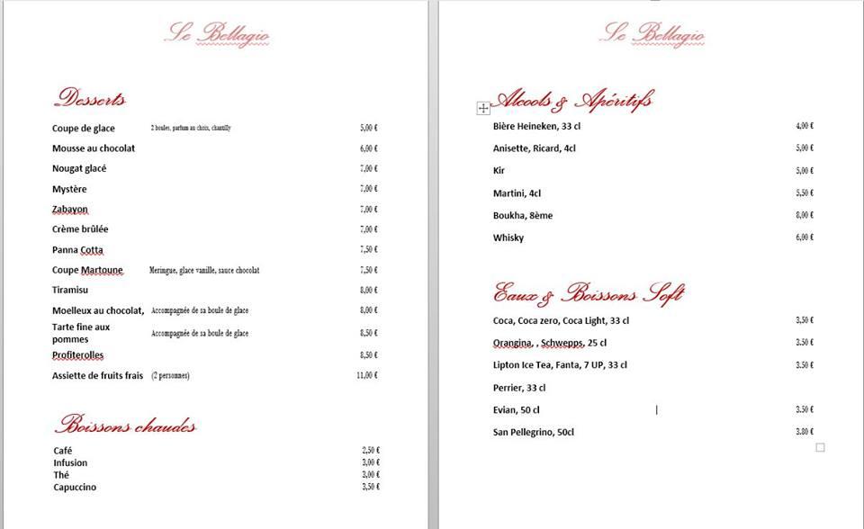 Carta del restaurante Le Bellagio, Boulogne-Billancourt
