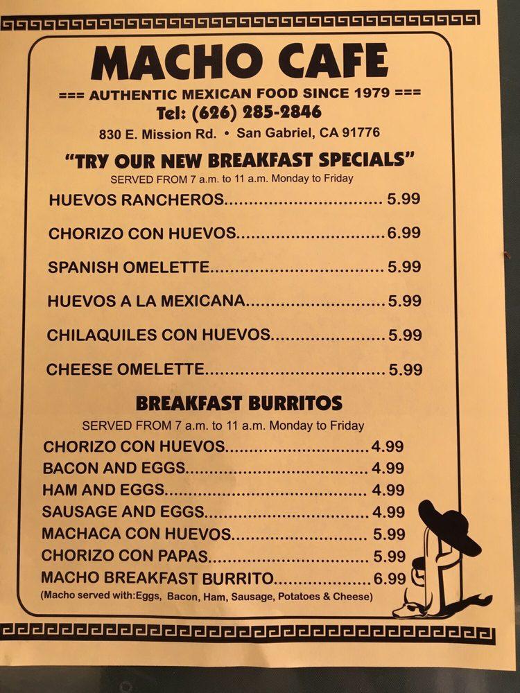 Menu at Macho Cafe Mexican Food, San Gabriel