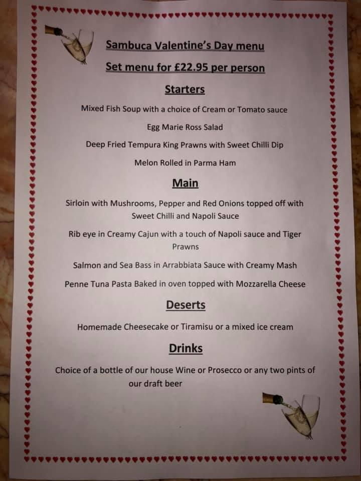 Menu at Sambuca restaurant, Chester-le-Street, Front St