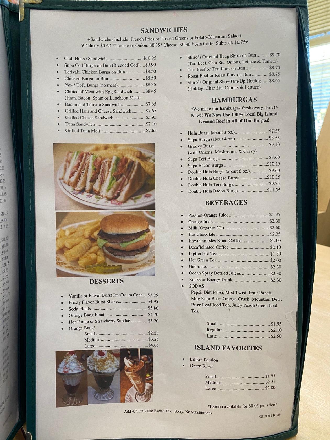 Menu at Shiro's Saimin Haven restaurant, Aiea