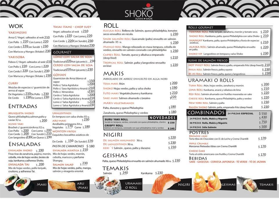 Menu at Shoko restaurant, Corrientes