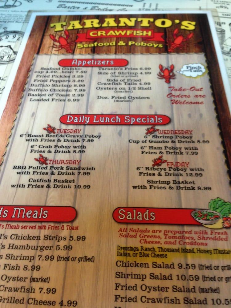 Menu at Taranto's Crawfish restaurant, Biloxi
