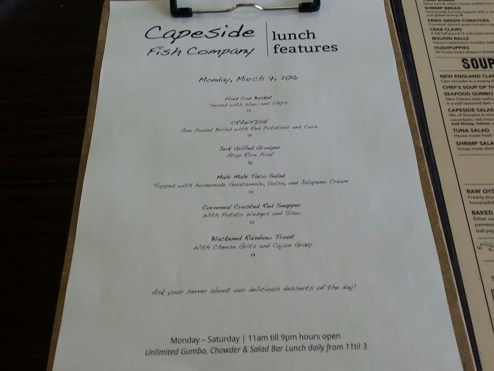 Menu at Capeside Fish Company restaurant, Rainbow City, 726 W Grand Ave