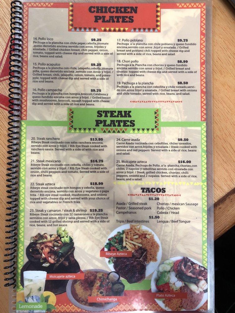 Menu at El Azteca restaurant, Huntsville, Clinton Ave W