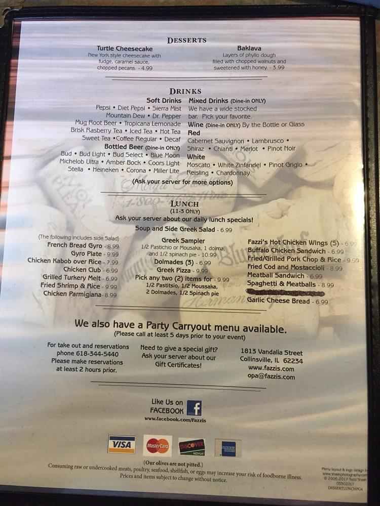 Menu at Fazzi's Restaurant, Collinsville
