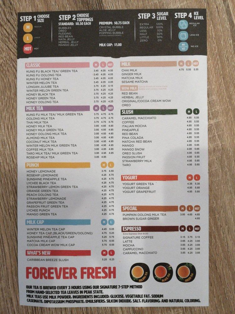 Menu at Kung Fu Tea, North Wales