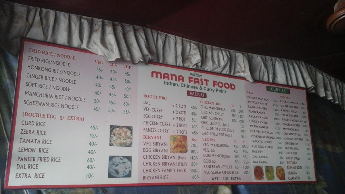 Menu at Mana Fast Food, India