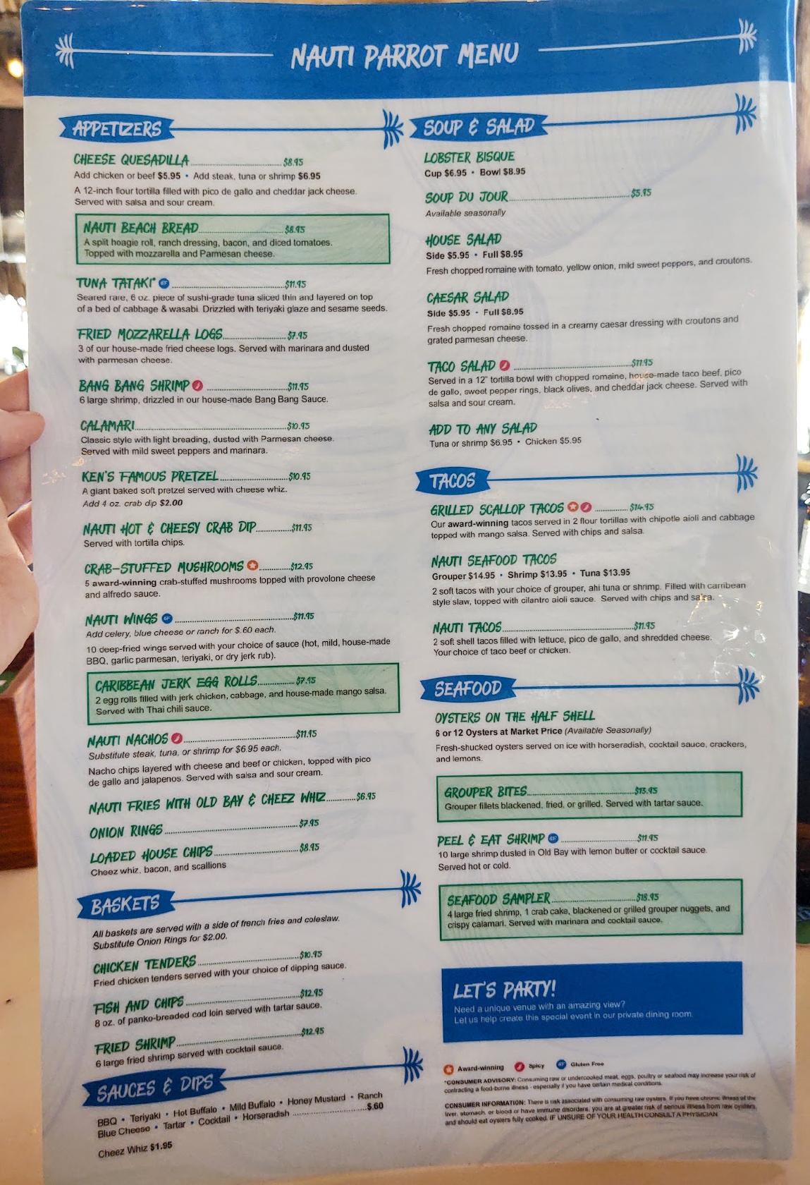 Menu at Nauti Parrot Oasis pub & bar, Fort Myers