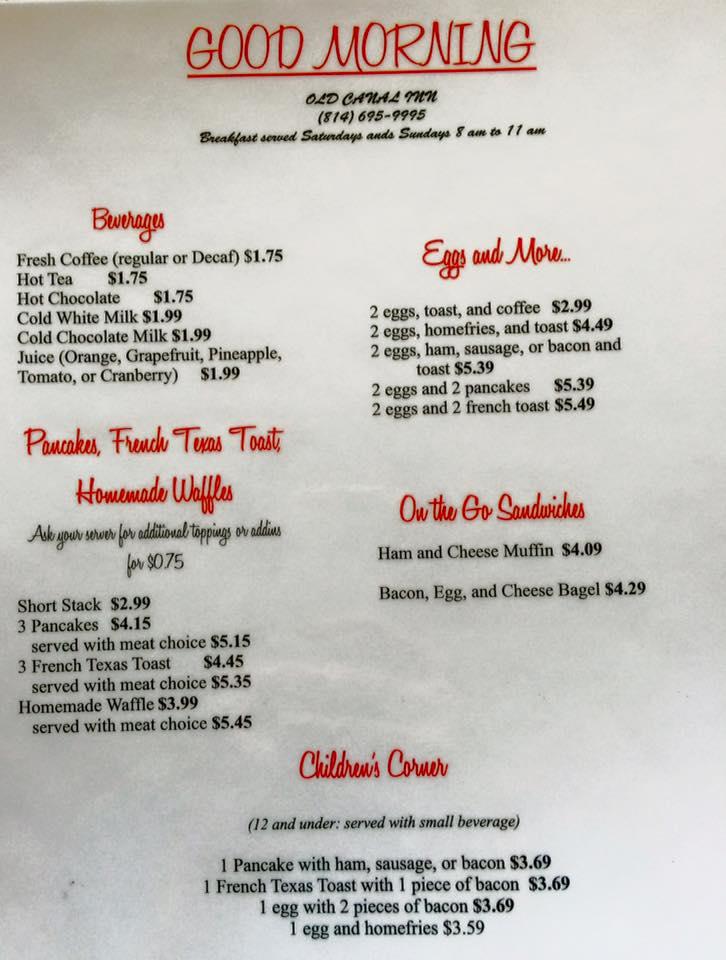 Menu at Old Canal Inn pub & bar, Hollidaysburg