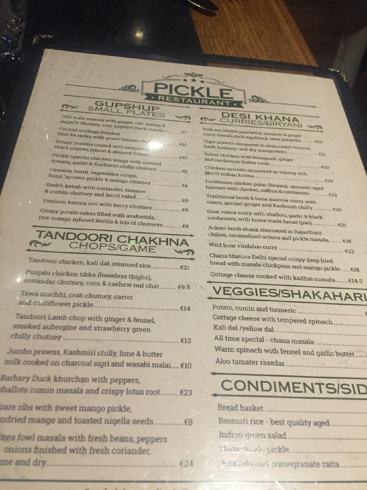 Menu at Pickle Restaurant, Dublin