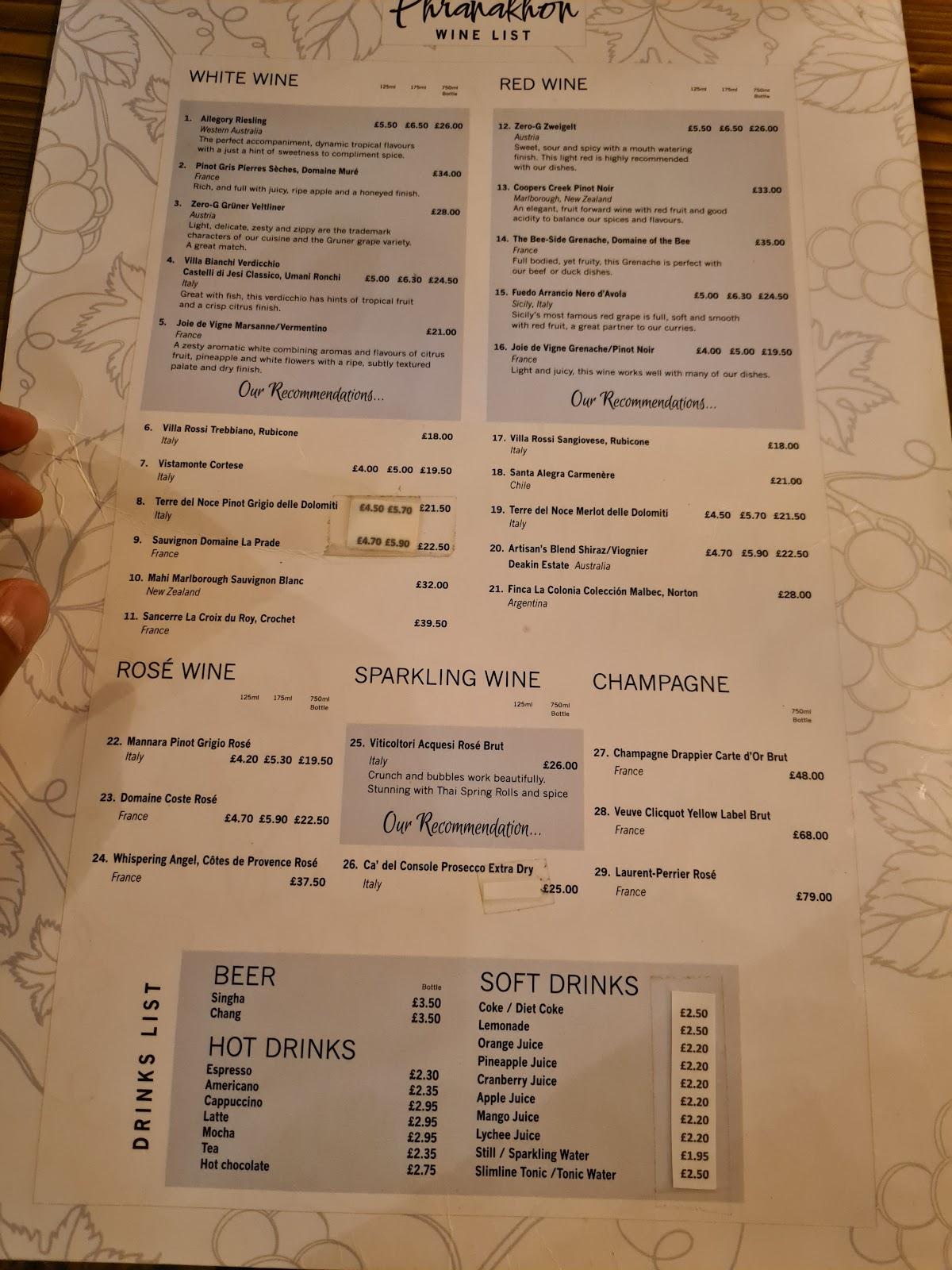 Menu at Phranakhon restaurant, Leeds