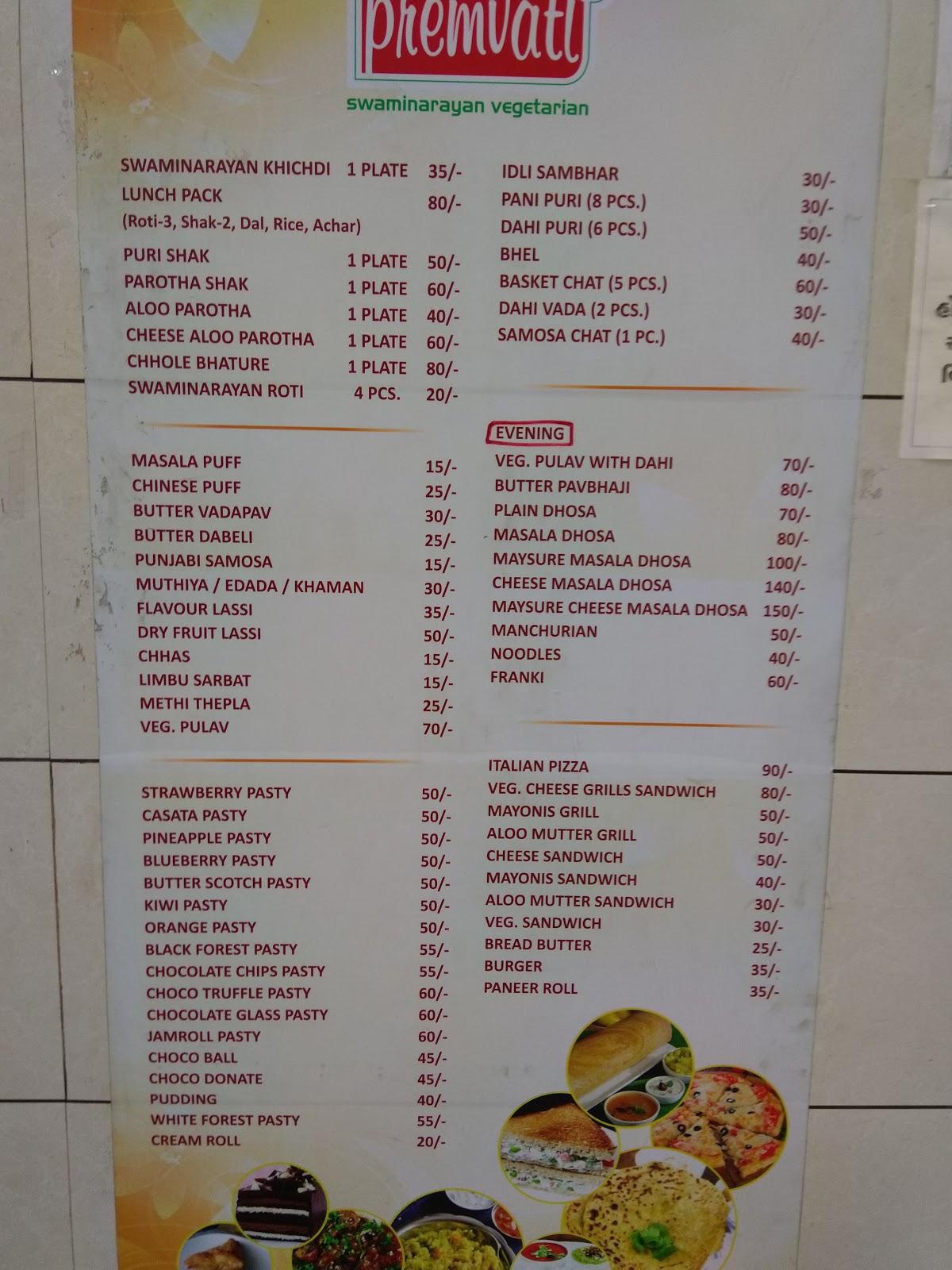 Menu at Premvati Swaminarayan Vegetarian, Ahmedabad, 2GMF+5XP