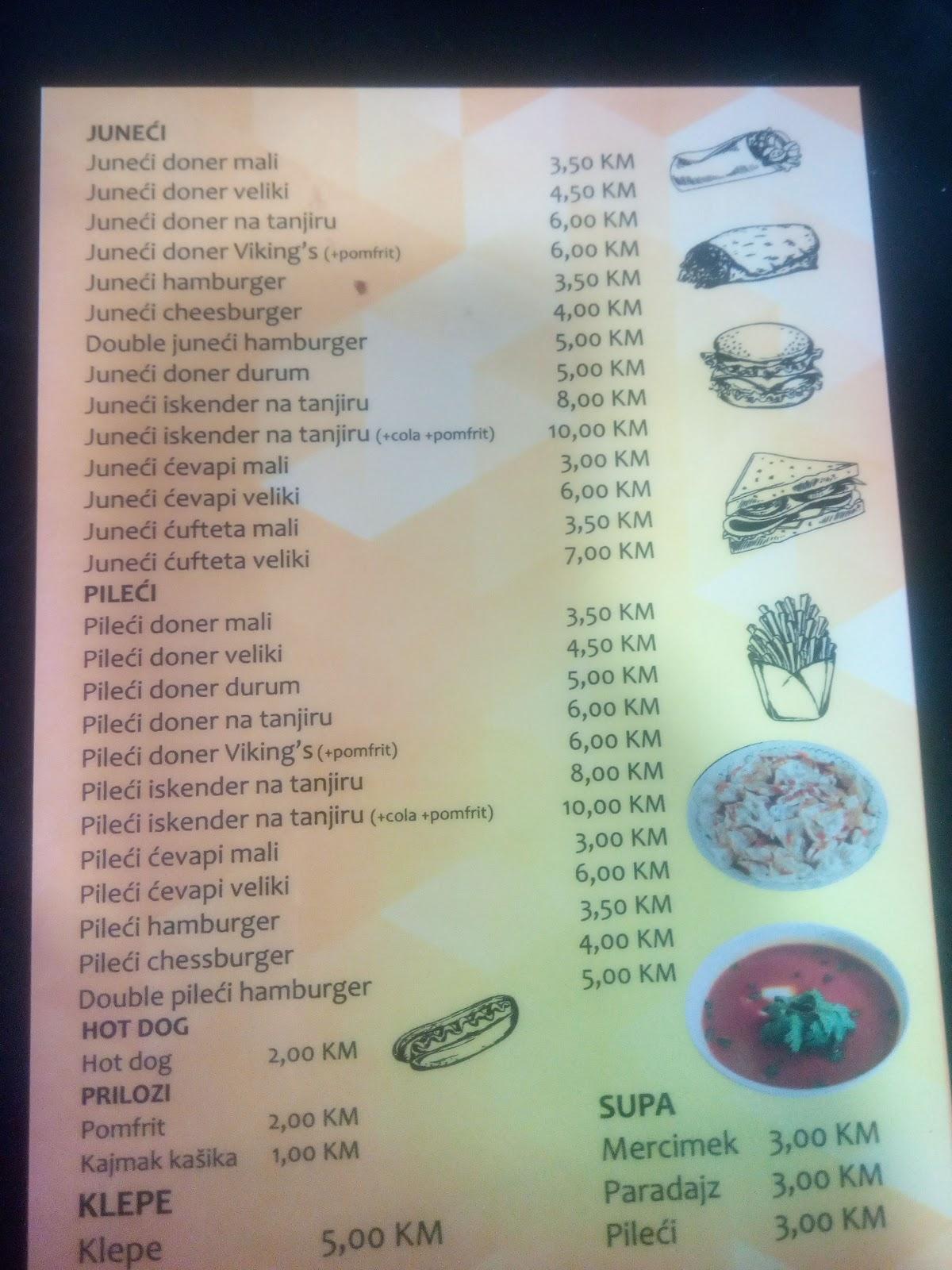Menu at Viking's doner&cafe, Sarajevo