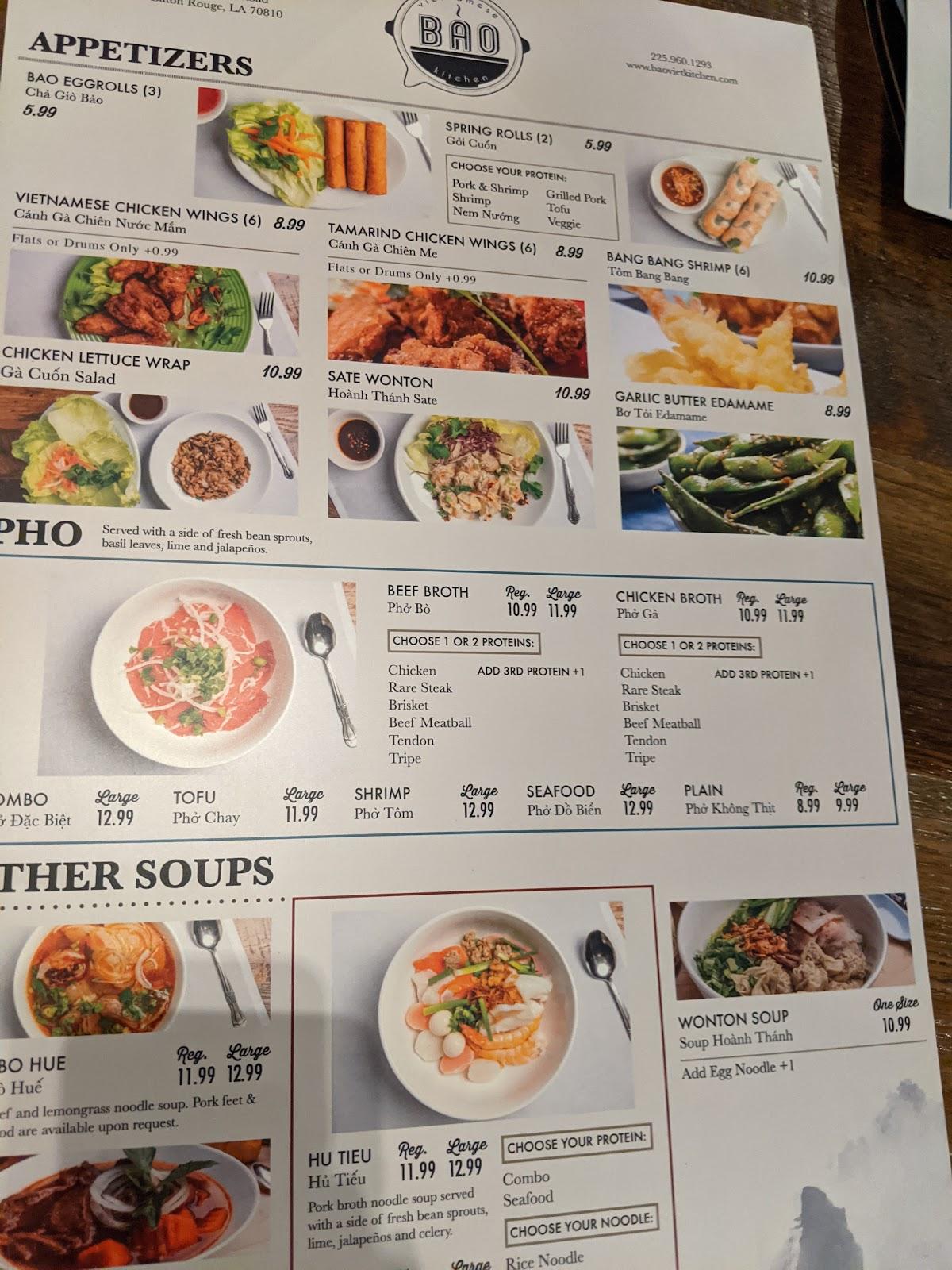 Menu at Bao Vietnamese Kitchen restaurant, Baton Rouge