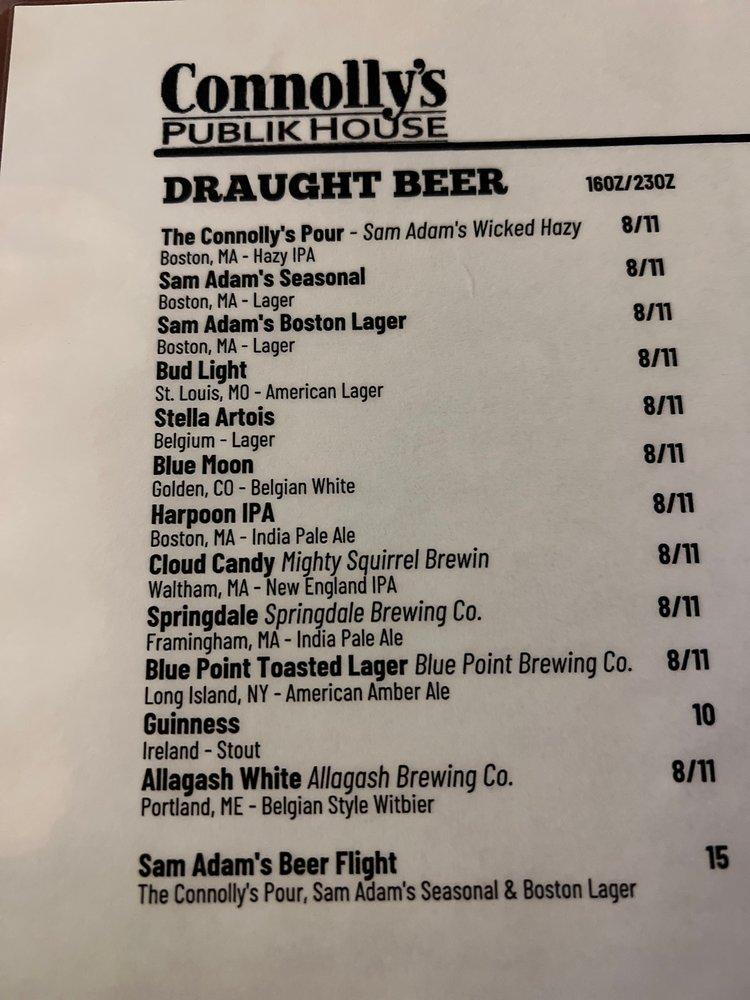 Menu at Connolly's Publik House, Boston, 1 Hotel Dr