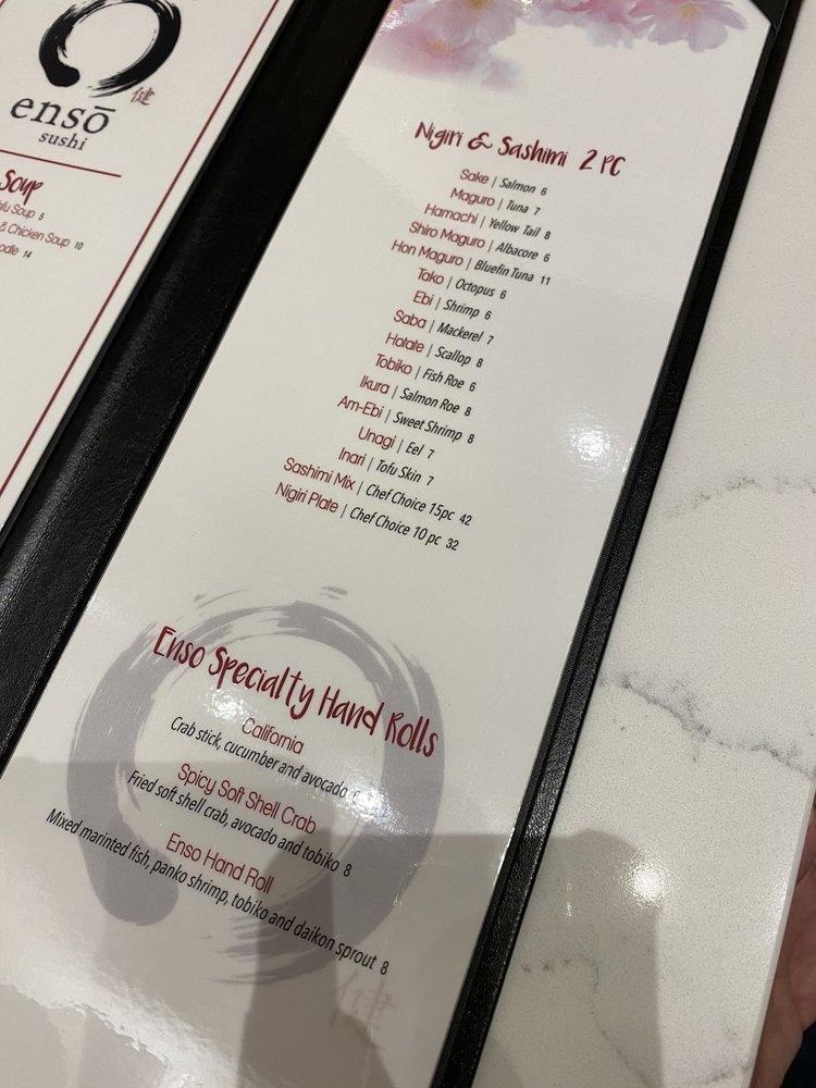 Menu at Enso Sushi restaurant, Brooks