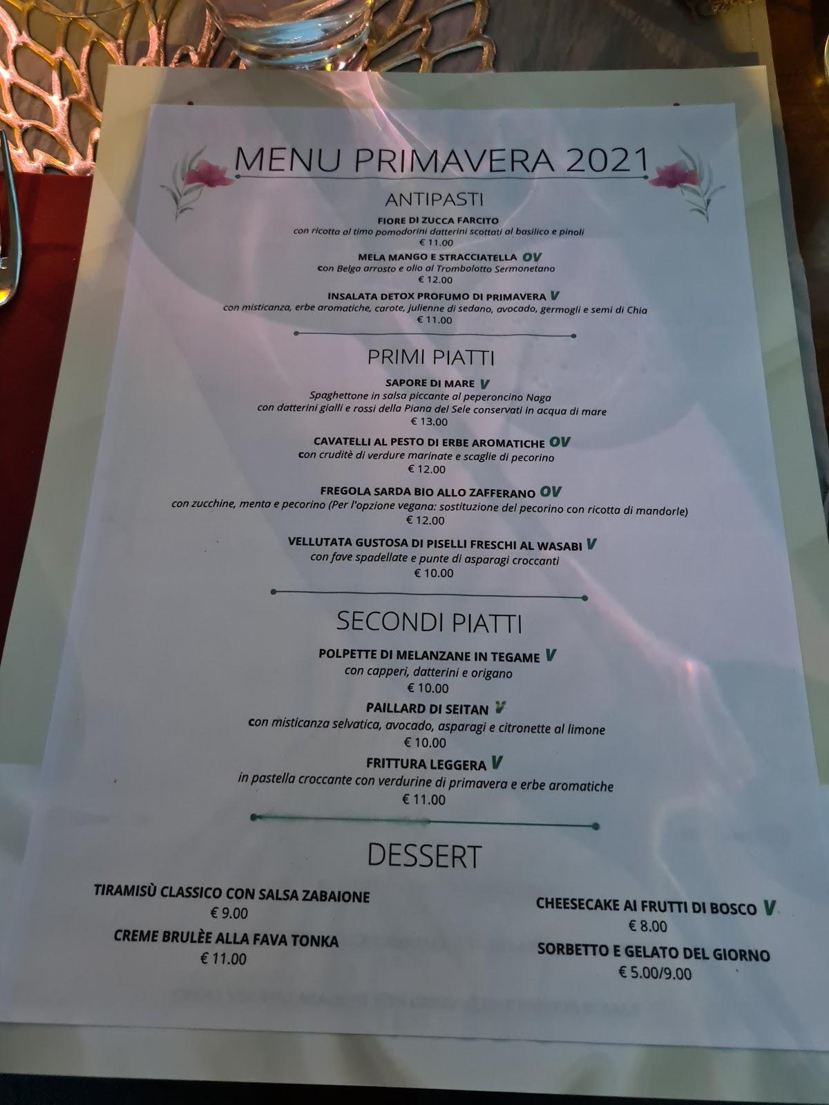 Menu at Il Margutta restaurant, Rome