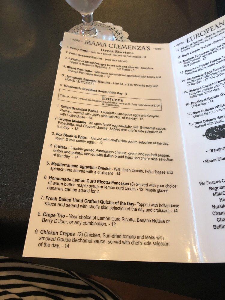 Menu at Mama Clemenza’s European Breakfast restaurant, Miramar Beach, US-98