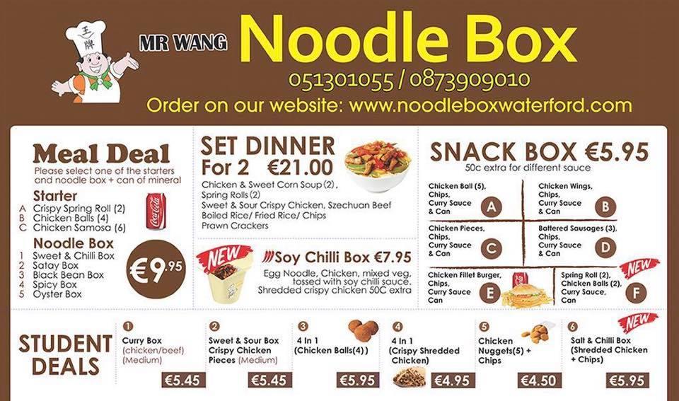 Menu at Noodle Box restaurant, Waterford