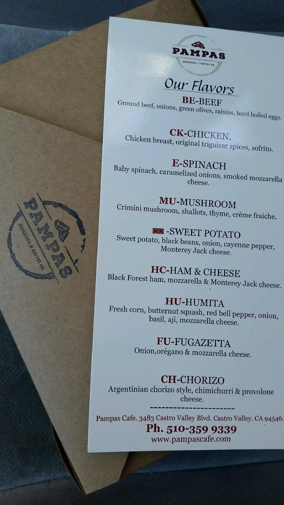 Menu at Pampas Cafe, Castro Valley