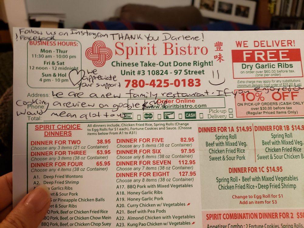 Menu at Spirit Bistro 豐味 restaurant, Edmonton