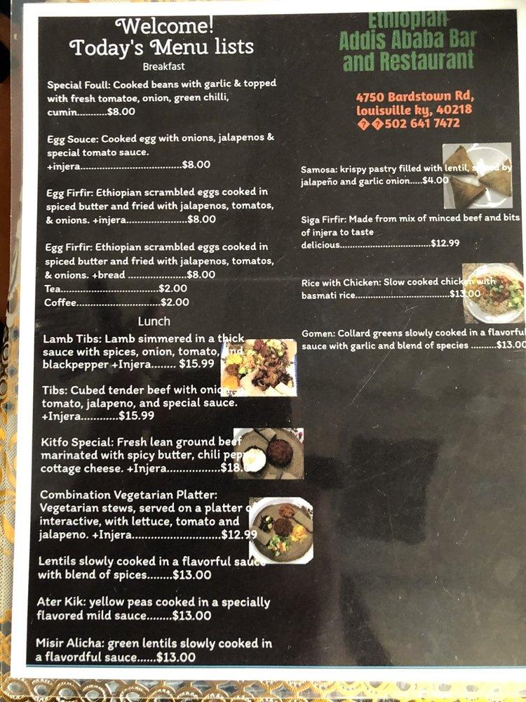 Menu at Addis Ababa, Louisville
