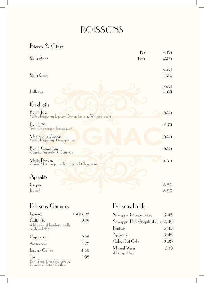 Menu at Cognac Restaurant, Hull