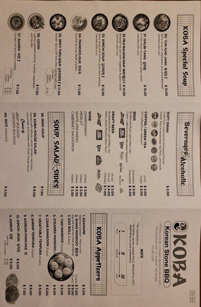 Menu at KOBA Korean Stone BBQ, Saint Robert