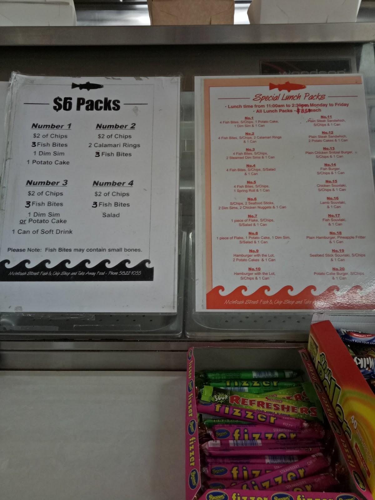 Menu at Macintosh Take Away fast food, Shepparton