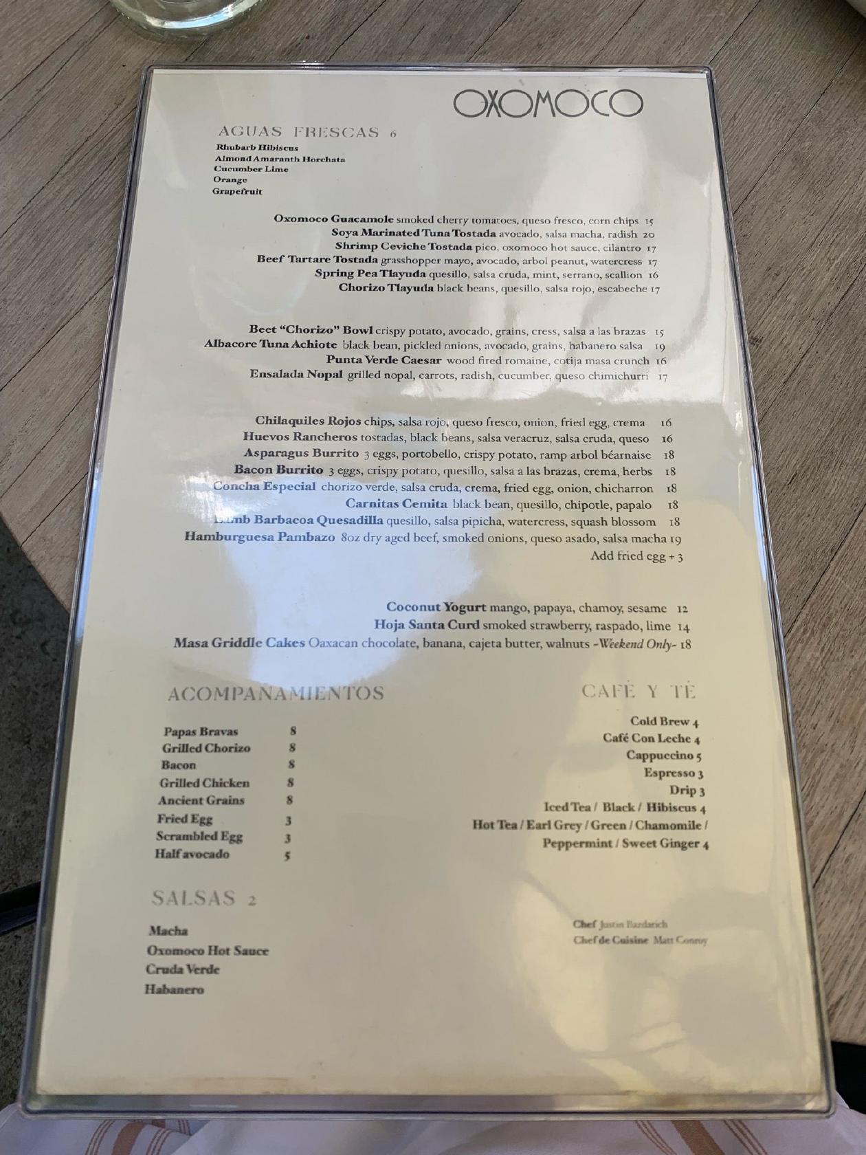 Menu at Oxomoco restaurant, New York City