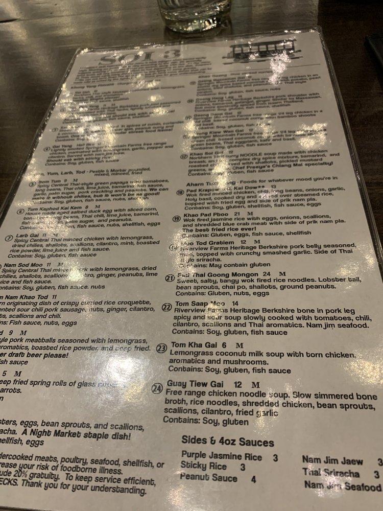 Menu at Soi 3 Thai Street Food restaurant, Kennesaw