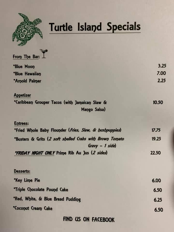 Menu at Turtle Island Restaurant, Oak Island