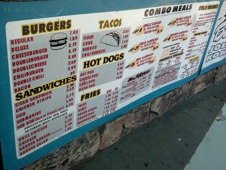 Menu at Bud's Jolly Kone fast food, Red Bluff