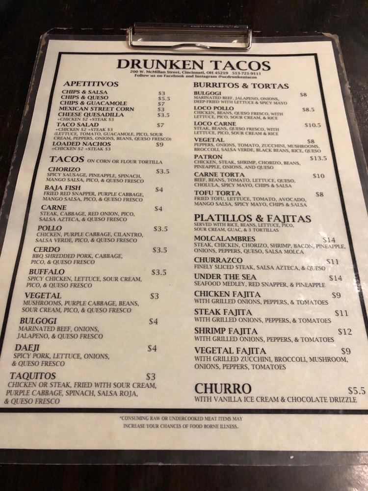 Menu at Drunken Tacos restaurant, Cincinnati
