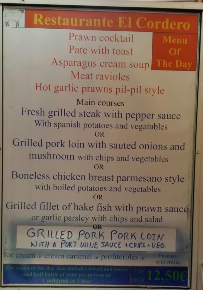 Menu at Restaurante El Cordero, Benalmádena