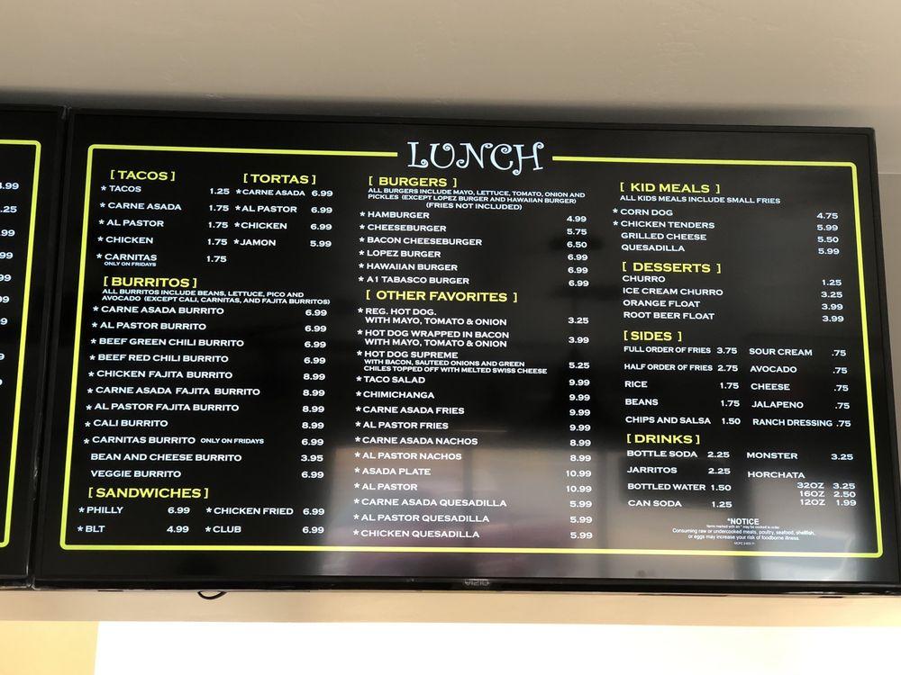 Menu at El Paraiso Tacos & Burgers restaurant, Kingman, Gordon Dr
