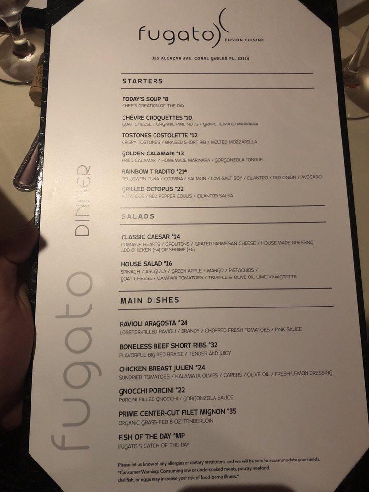 Menu at Fugato restaurant, Coral Gables