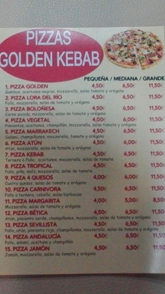 Menu at Golden Kebab pizzeria, Lora del Río
