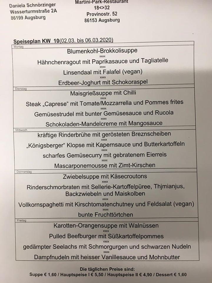 Menu at Gut Essen Im Martinipark 1832 restaurant, Augsburg